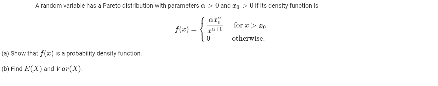 Solved A random variable has a Pareto distribution with | Chegg.com