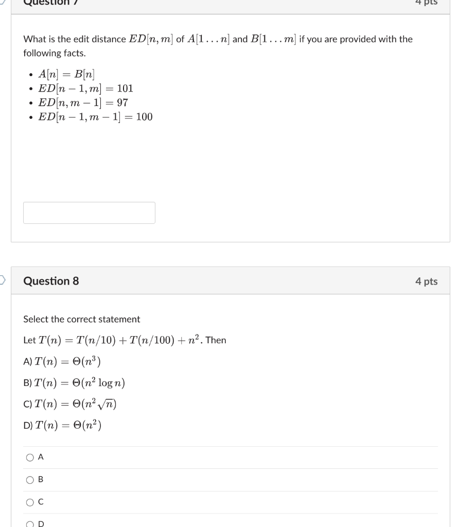 Solved What Is The Edit Distance Ed[n M] Of A[1…n] And
