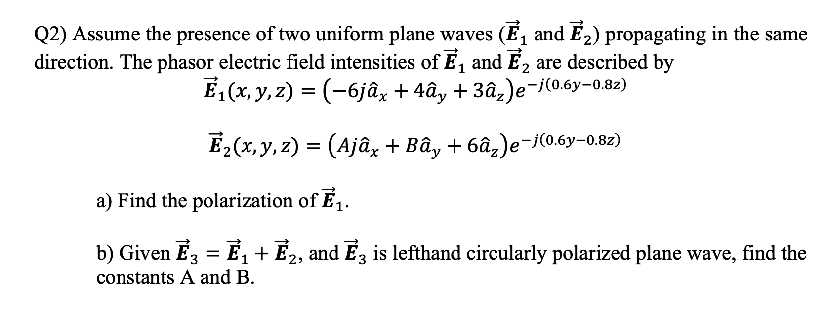 Solved Q2) Assume the presence of two uniform plane waves | Chegg.com