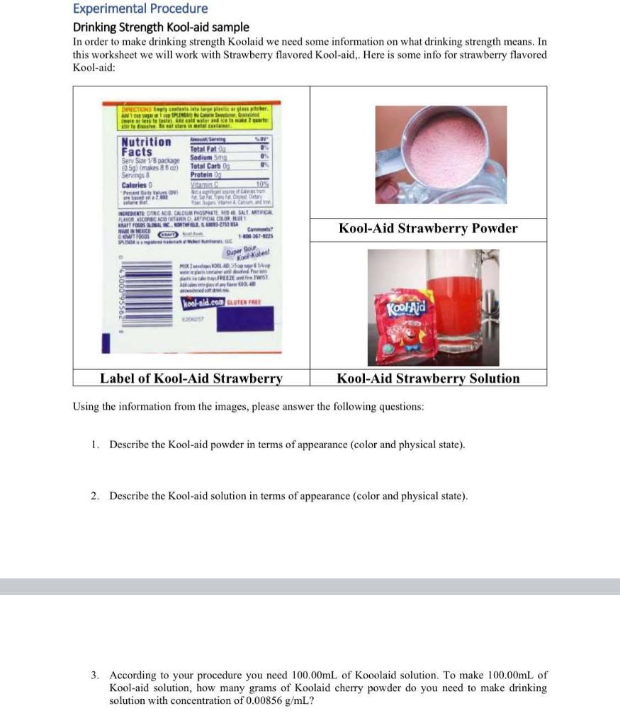 Experimental Procedure Drinking Strength Kool-aid | Chegg.com