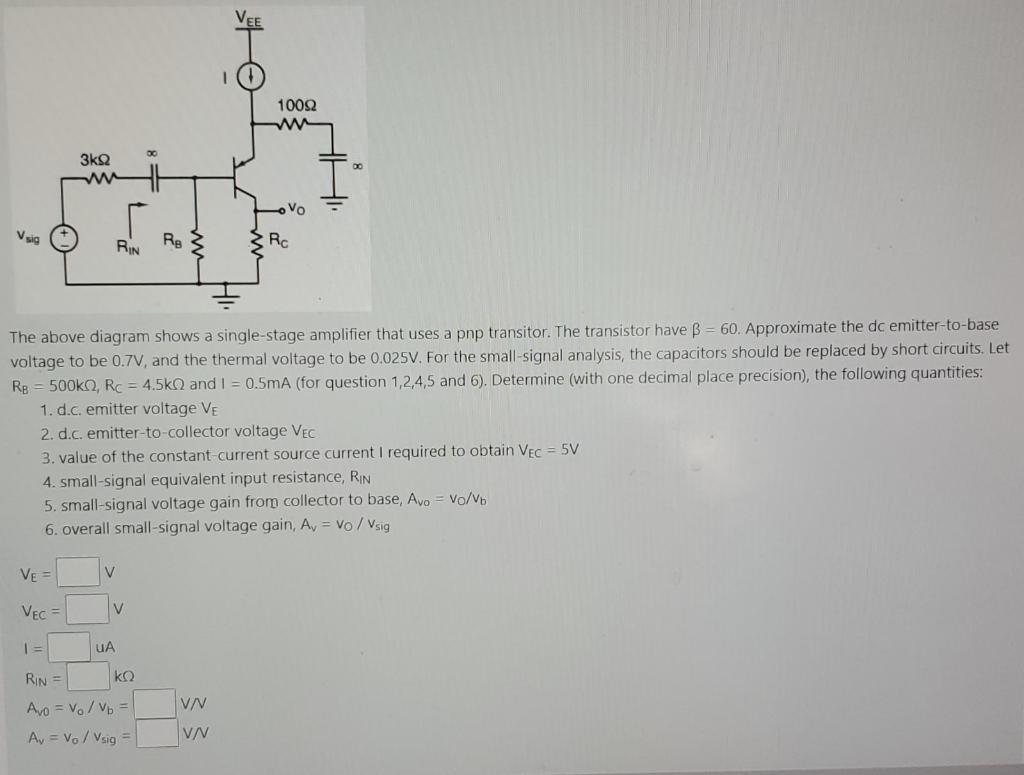 Solved 100Ω w 3k92 vo Vsig RIN RE Rc The above diagram shows | Chegg.com