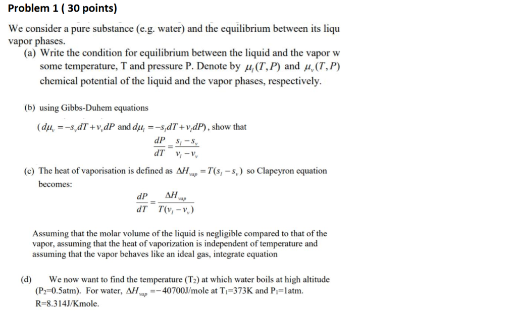 Solved Problem 1 ( 30 points) We consider a pure substance | Chegg.com