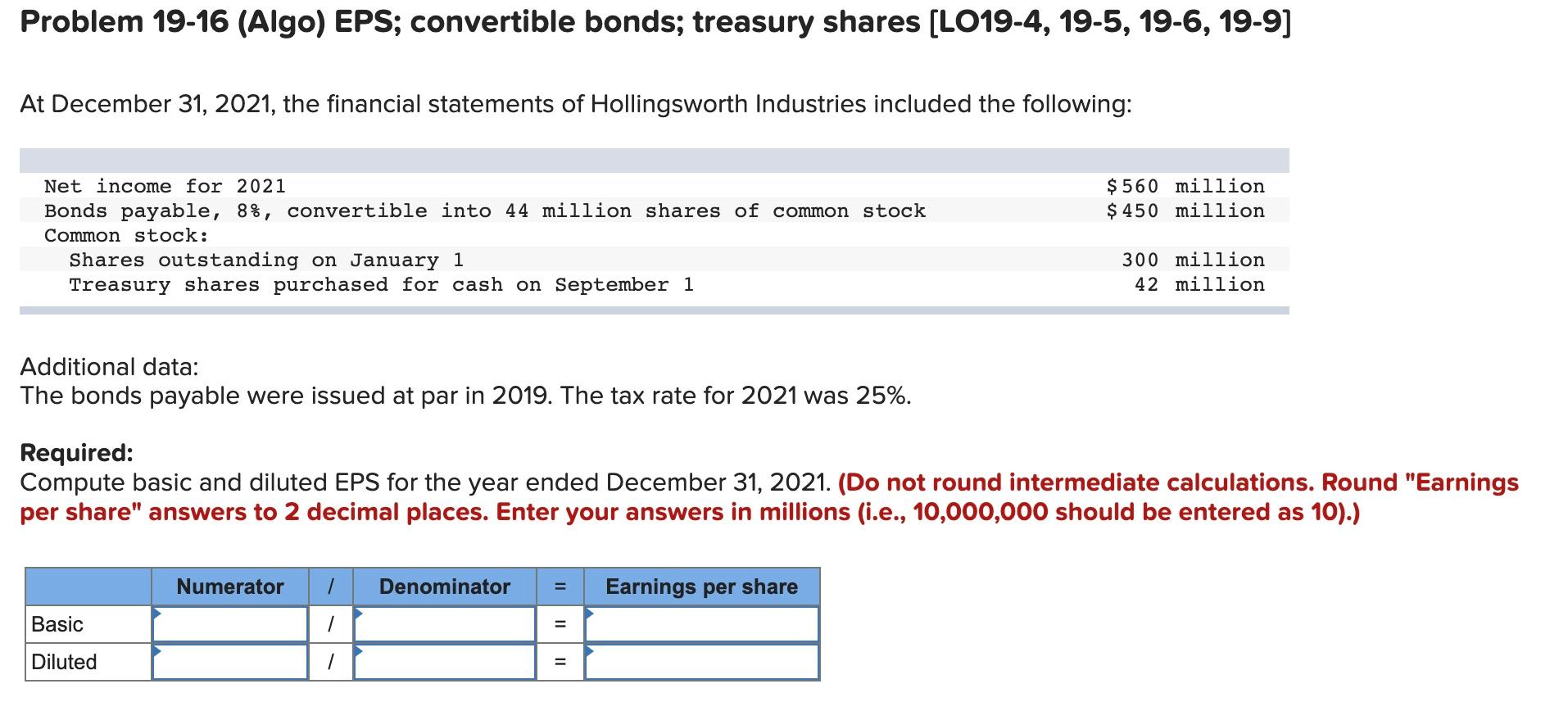 Solved Problem 19-16 (Algo) EPS; convertible bonds; treasury | Chegg.com
