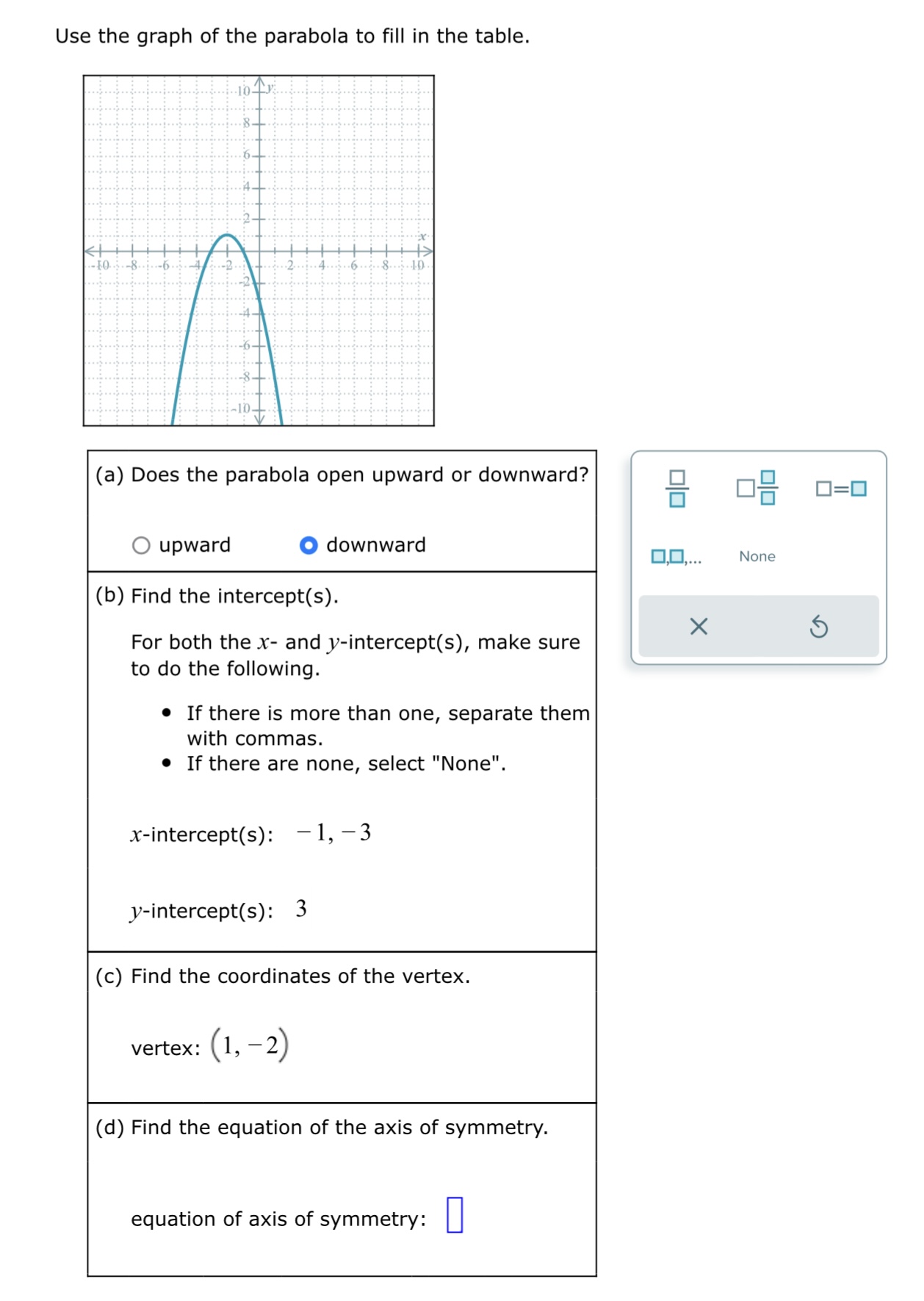 Use the graph of the parabola to fill in the table. | Chegg.com