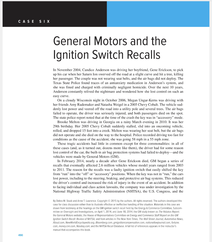 General Motors and the Ignition switch Recalls In | Chegg.com
