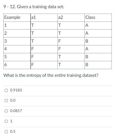 Solved 9 - 12. Given a training data set: Example a1 a2 | Chegg.com