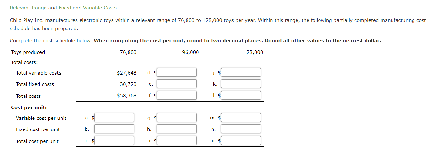 Solved Relevant Range and Fixed and Variable Costs Child | Chegg.com