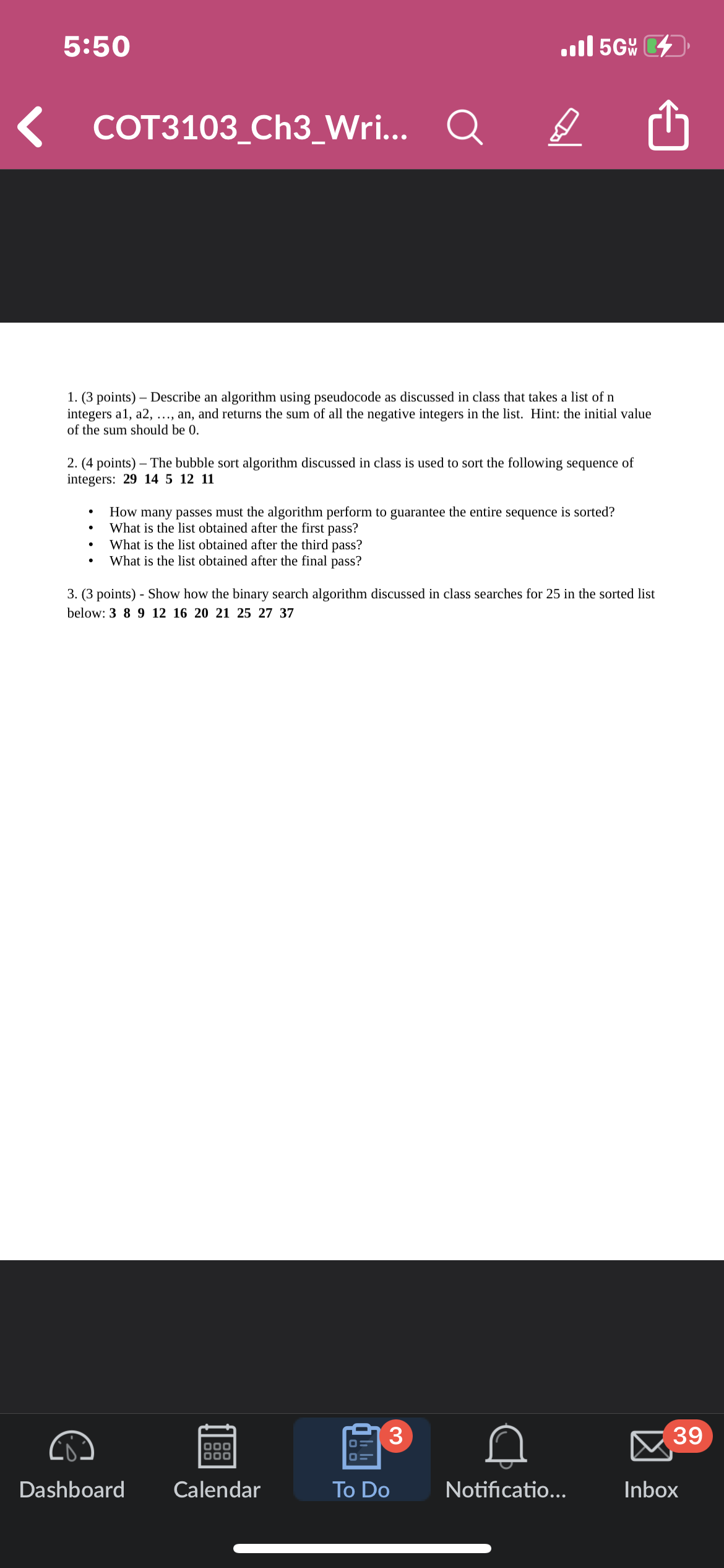 Solved 5:50 . Il 5G_(w)^(U) COT3103_Ch3_Wri... (3 points) - | Chegg.com