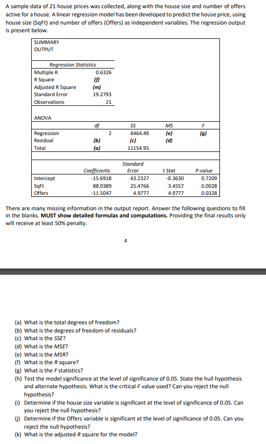Solved A sample data of 21 house prices was collected, along | Chegg.com
