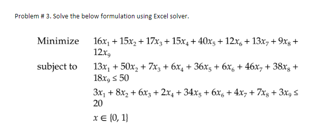 Solved Problem #3. Solve the below formulation using Excel | Chegg.com
