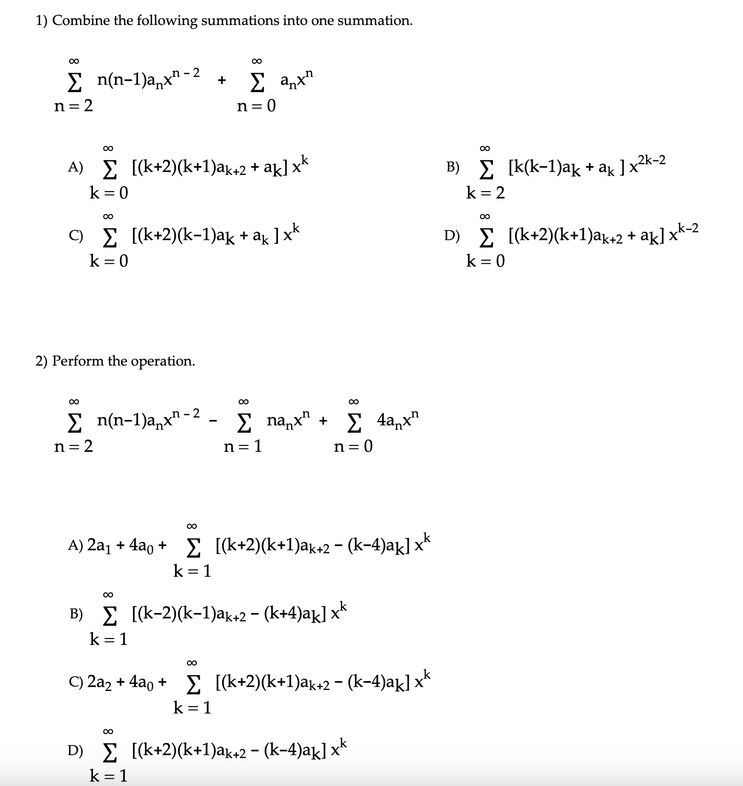 Solved 1) Combine the following summations into one | Chegg.com