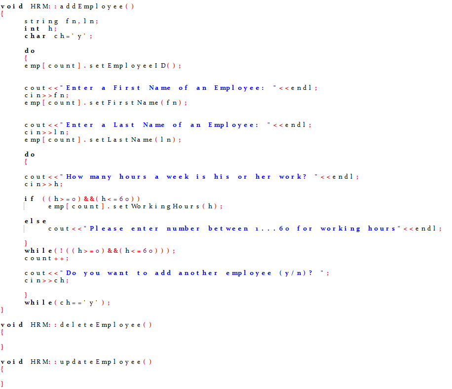 Solved I need a code for void HRM::deleteEmployee(), | Chegg.com