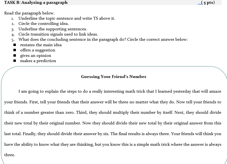 Solved TASK B Analyzing A Paragraph 5 Pts 1 Read The Chegg
