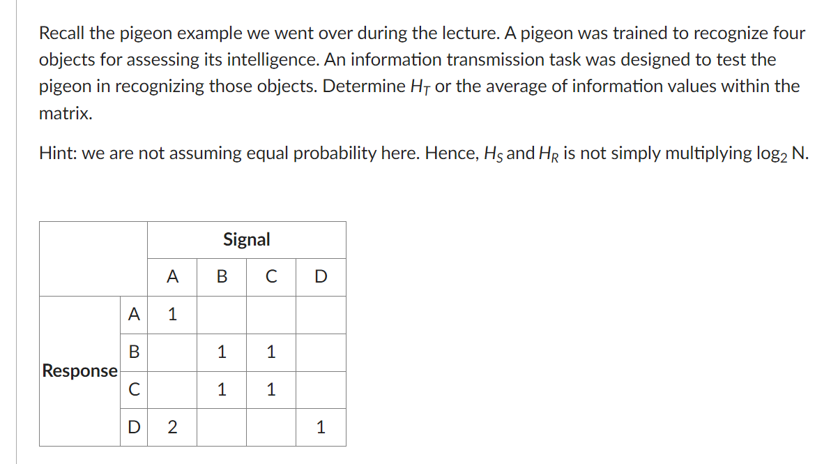 Solved Recall the pigeon example we went over during the | Chegg.com