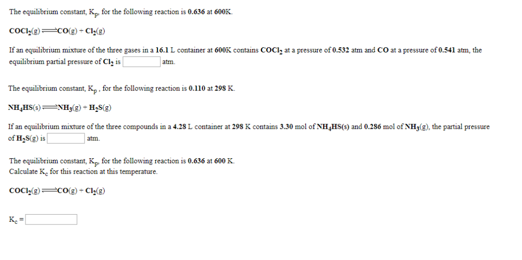 Solved The equilibrium constant, Kp for the following | Chegg.com