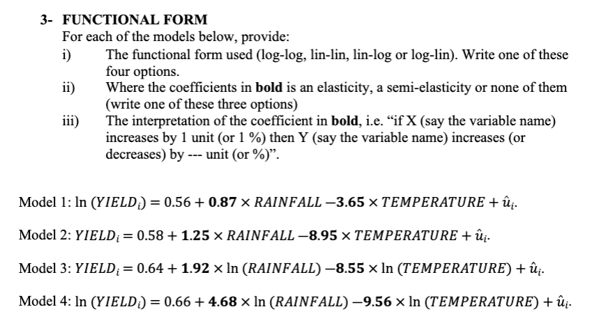 Solved 3- FUNCTIONAL FORM For each of the models below, | Chegg.com
