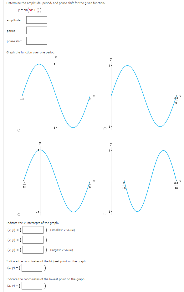 Solved y=sin(9x+2π) amplitude period phase shift Graph the | Chegg.com