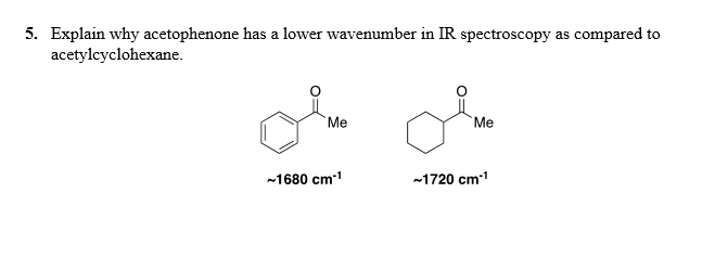 Solved 5. Explain why acetophenone has a lower wavenumber in | Chegg.com