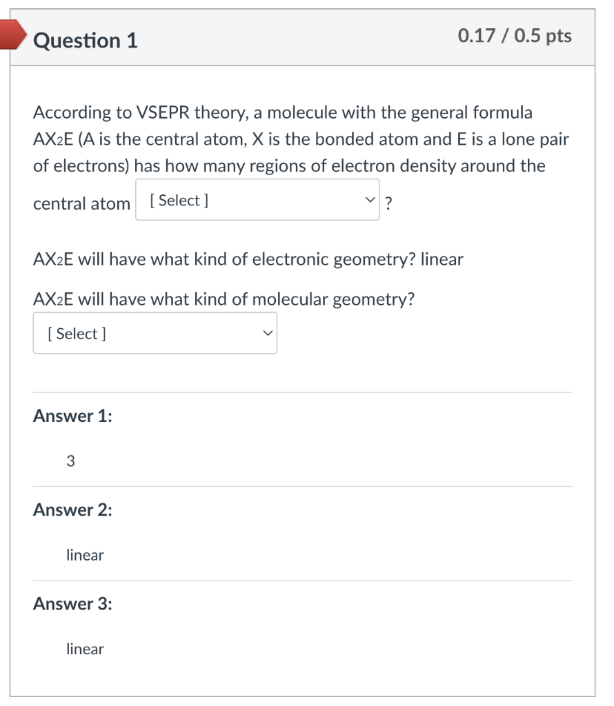 Solved Question 1 0.17/0.5pts According to VSEPR theory, a | Chegg.com