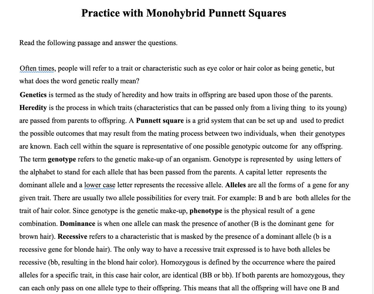Solved Practice with Monohybrid Punnett Squares Read the | Chegg.com