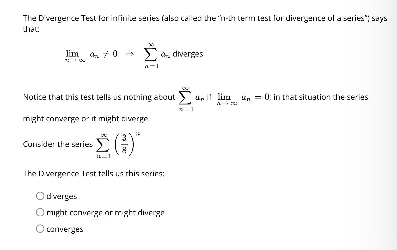 Solved The Divergence Test for infinite series (also called | Chegg.com