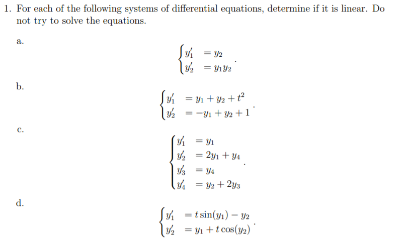 Solved 1. For each of the following systems of differential | Chegg.com