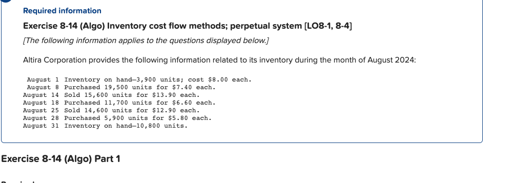 Solved Required information Exercise 8-14 (Algo) Inventory | Chegg.com