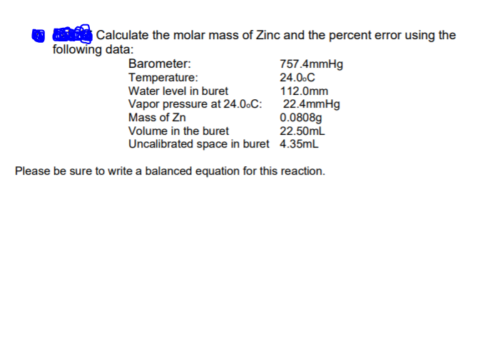 Solved 1) Calculate the molar mass of Zinc and the percent | Chegg.com