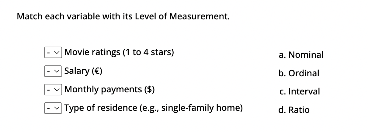 Solved Match each variable with its Level of Measurement. | Chegg.com