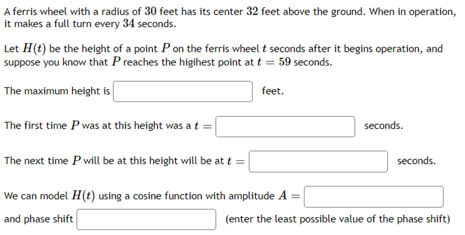 Solved A ferris wheel with a radius of 30 feet has its | Chegg.com