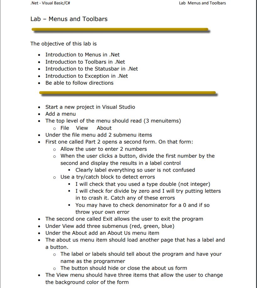 .Net - Visual Basic/C# Lab Menus and Toolbars Lab - | Chegg.com