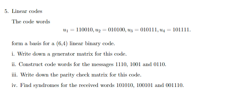 Solved 5. Linear codes The code words | Chegg.com