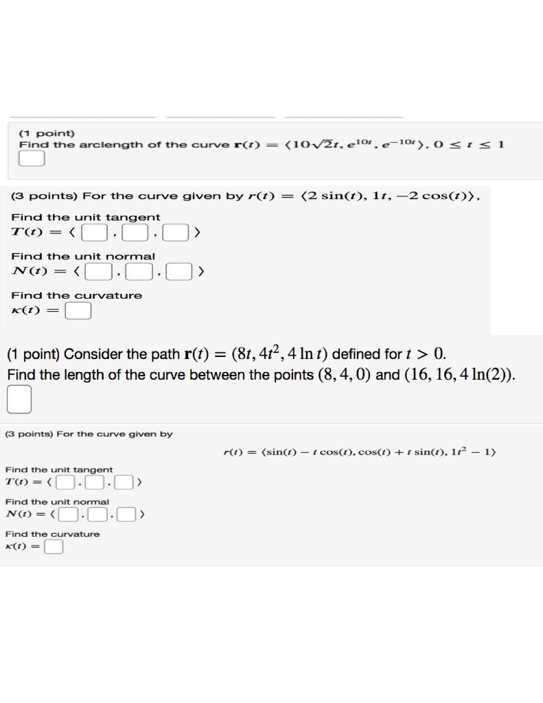 Solved (1 point) Find the arclength of the curve r(t) = | Chegg.com