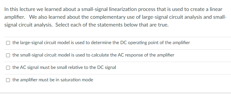 Solved In this lecture we learned about a small-signal | Chegg.com