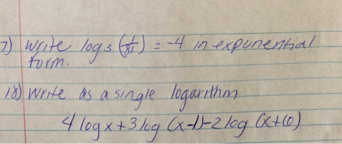 Solved Write log 3 (1/81) = -4 in exponential form. Write | Chegg.com