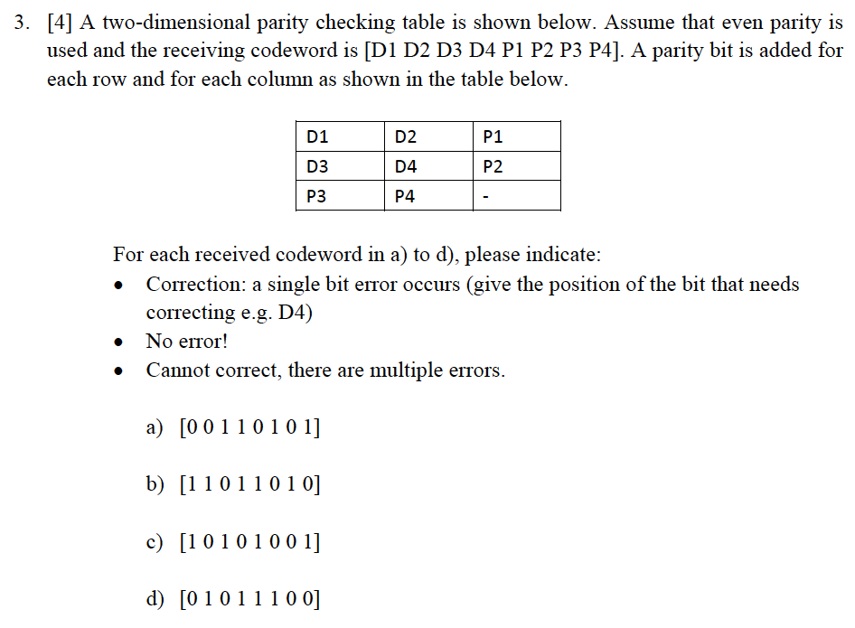 Solved 3. [4] A two-dimensional parity checking table is | Chegg.com