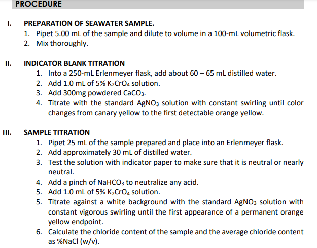 Solved PROCEDURE 1. PREPARATION OF SEAWATER SAMPLE. 1. Pipet | Chegg.com