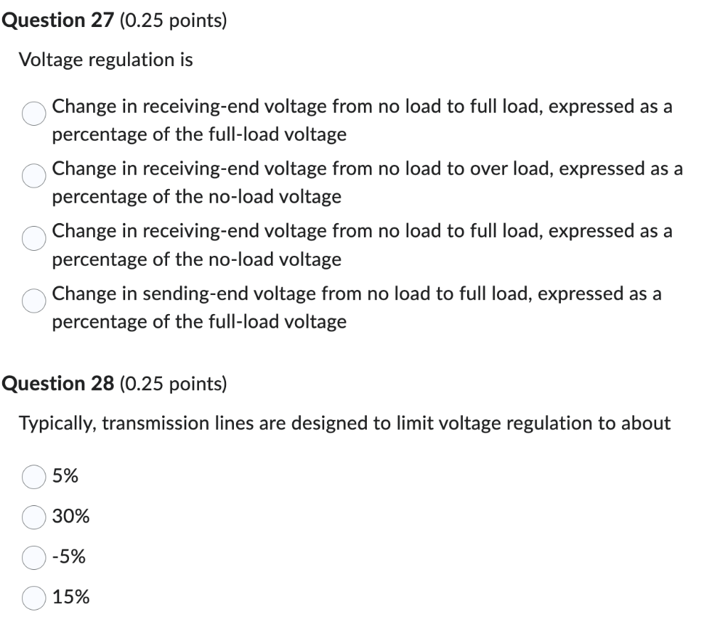 Solved Question 27 (0.25 points) Voltage regulation is | Chegg.com