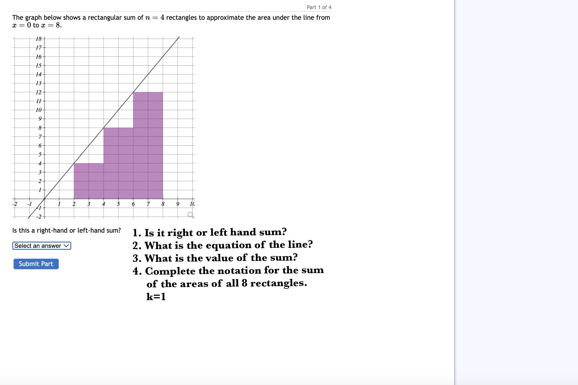 Solved Part 1 ﻿of 4The graph below shows a rectangular sum | Chegg.com