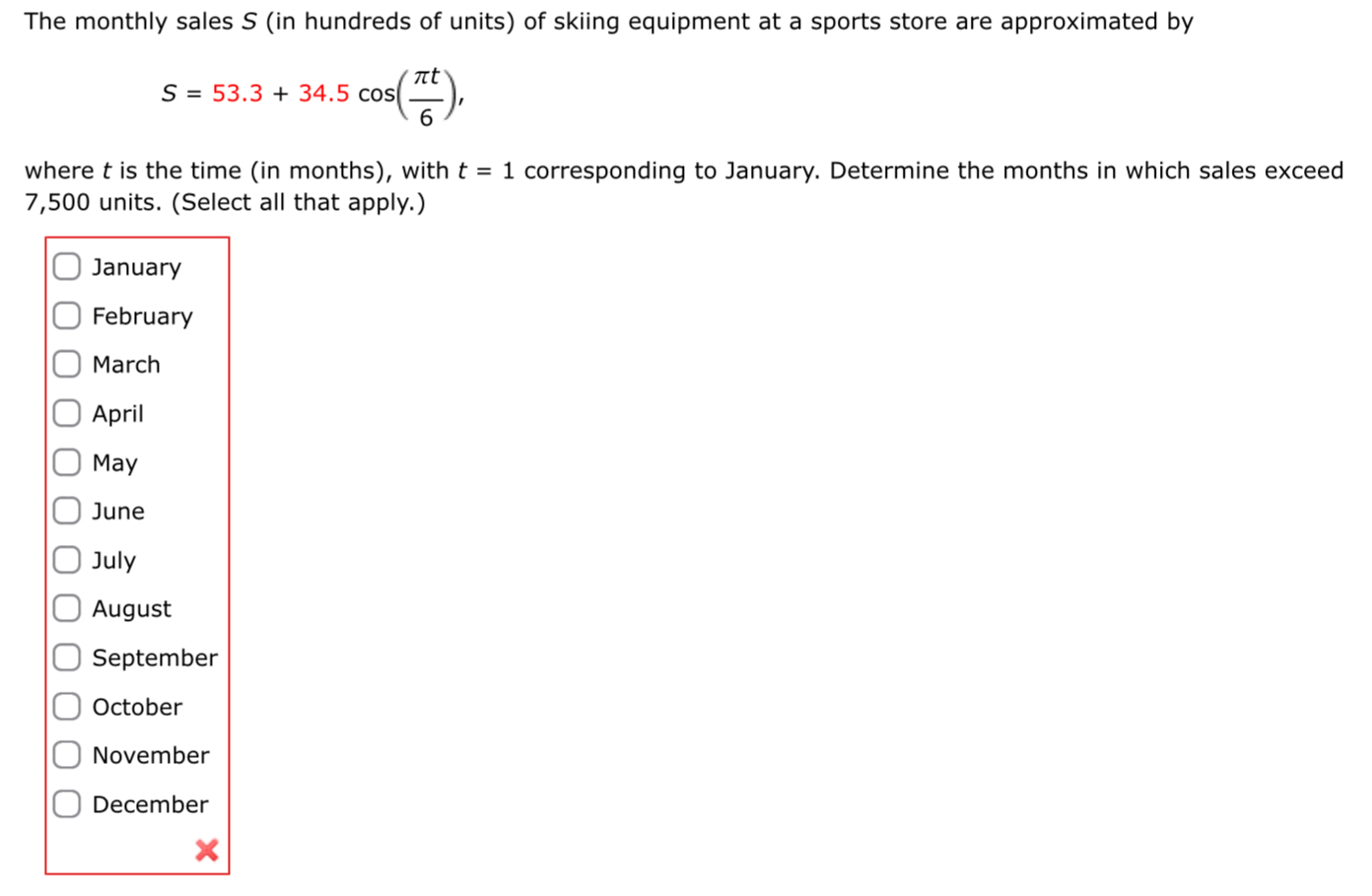 Solved The monthly sales S (in hundreds of units) ﻿of skiing | Chegg.com