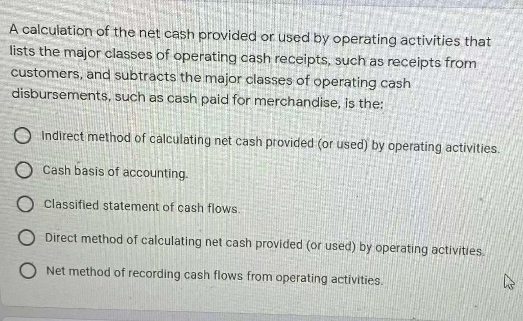 Solved A calculation of the net cash provided or used by | Chegg.com