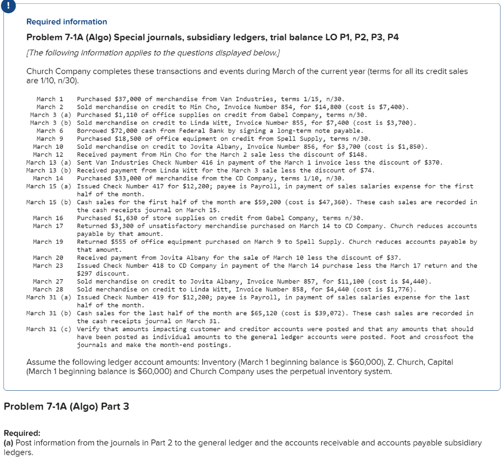 Solved Required information Problem 7-1A (Algo) Special | Chegg.com