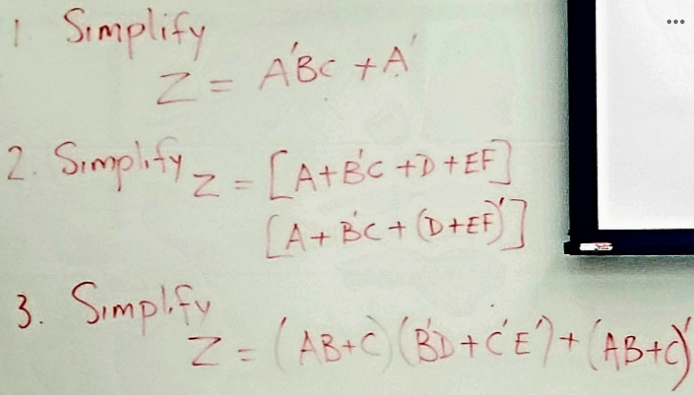 Solved Simplify Z=A′BC+A 2. Simpify z=[A+B′C+D+EF] | Chegg.com