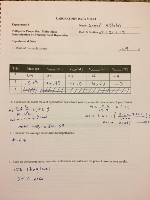 Solved Experiment 4: COLLIGATIVE PROPERTIES: MOLAR MASS | Chegg.com