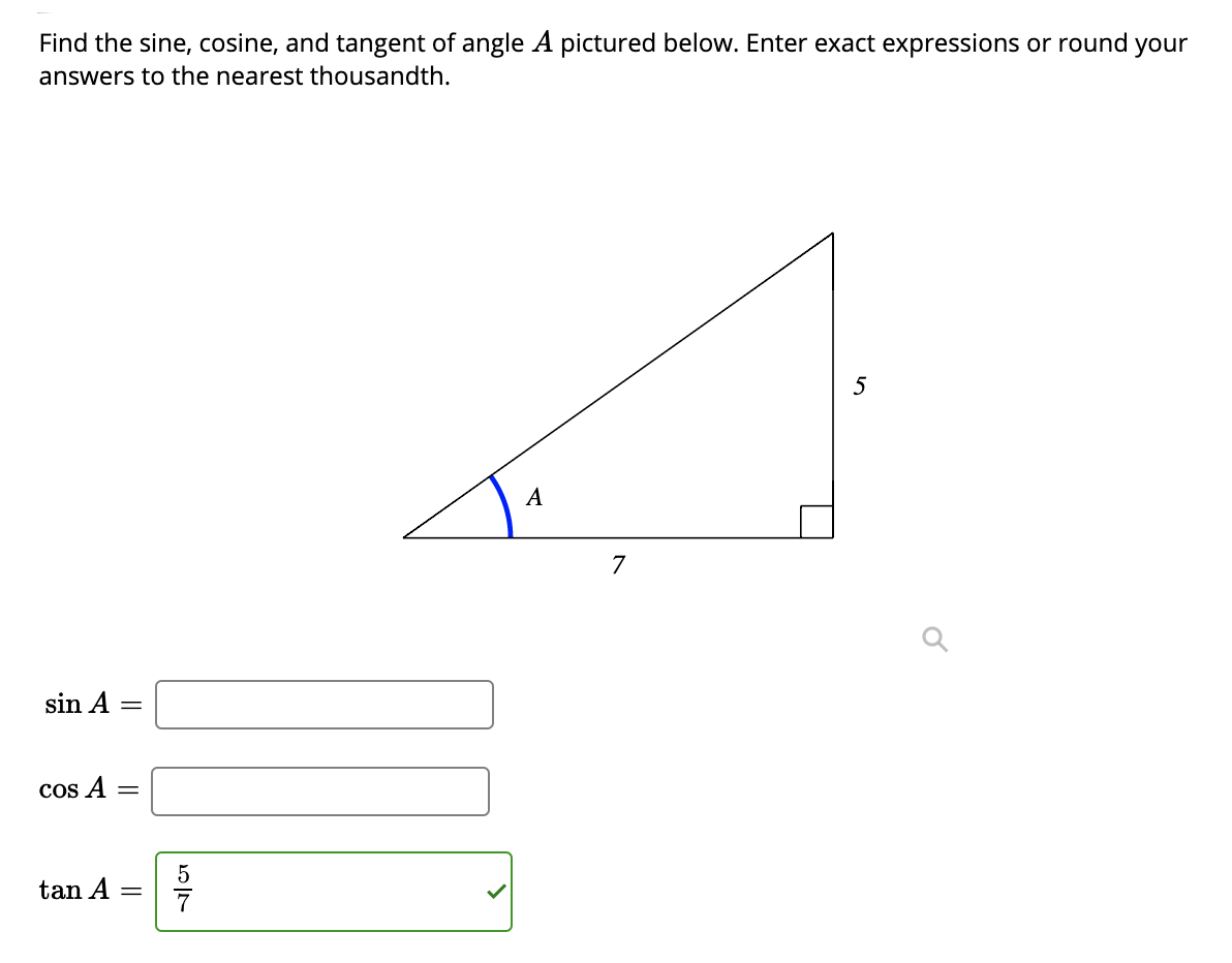 Solved Find the sine, cosine, and tangent of angle A | Chegg.com