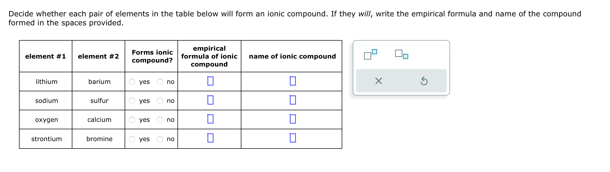 Solved Decide whether each pair of elements in the table | Chegg.com