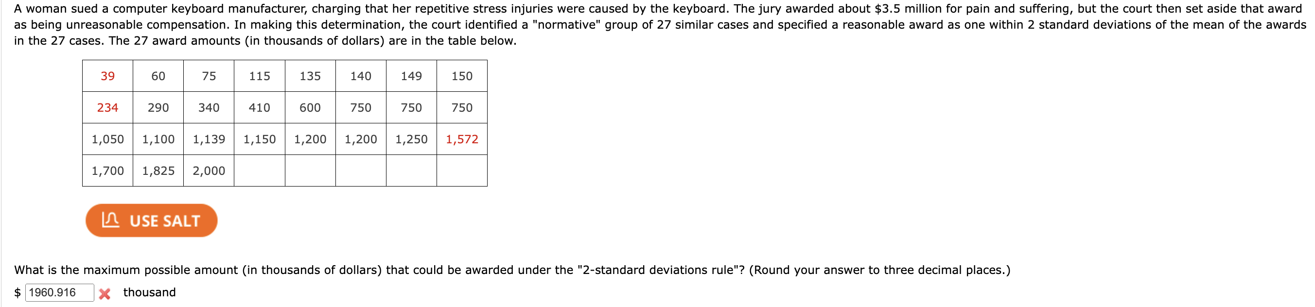 Solved in the 27 cases. The 27 award amounts (in thousands | Chegg.com