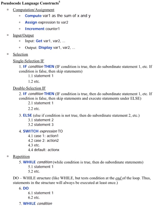 Solved Pseudocode Language Constructs Compute var1 as the | Chegg.com