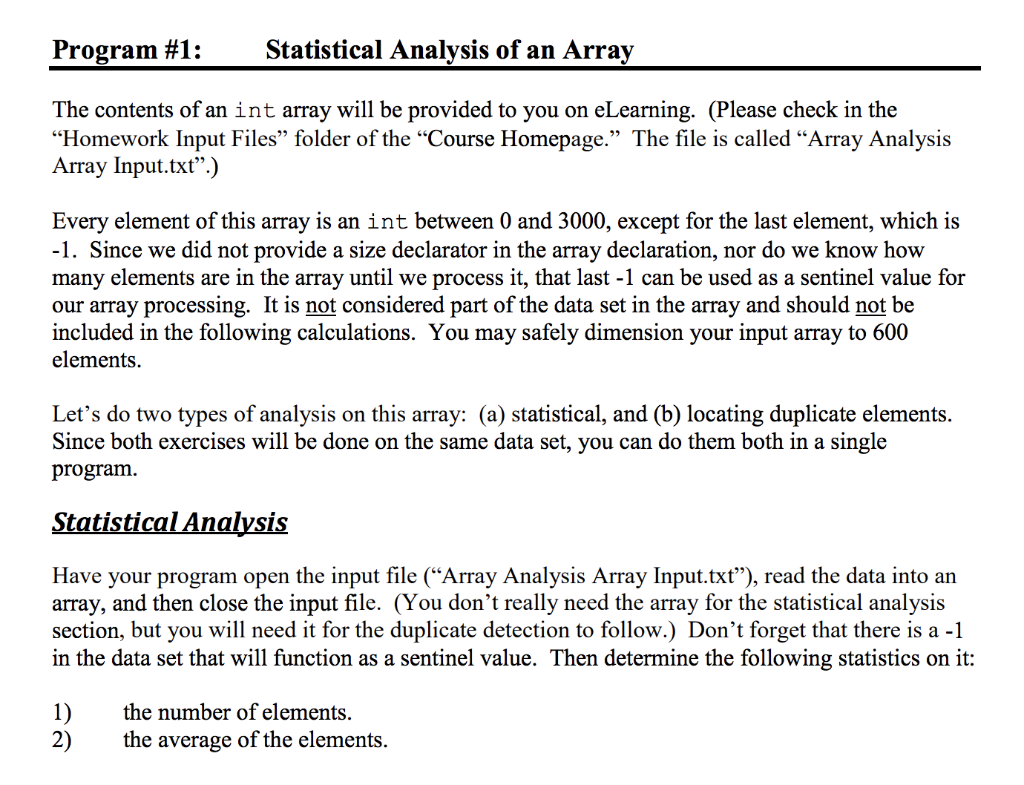 Program #1 : Statistical Analysis of an Array The | Chegg.com