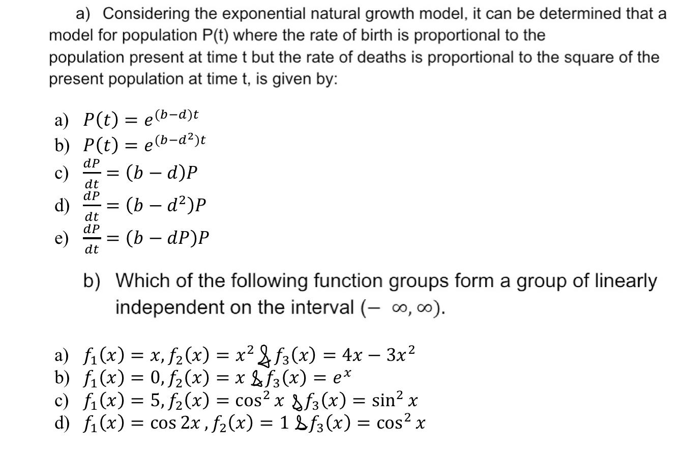 Solved a) Considering the exponential natural growth model, | Chegg.com